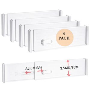 exucase drawer dividers organizer 4 pack, length adjustable from 10.63"-18.5", height 3.54" plastic separators for bedroom, bathroom, closet, makeup tools, office, kitchen storage, tool room (white)