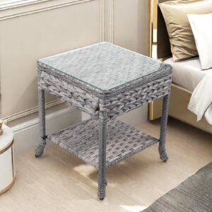 Generic Wicker Patio Side Table with Top - Multipurpose Outdoor End Table for Balcony, Porch, and Backyard Settings with 2-Tier Storage Shelf (Glass Top), Grey, BZ001