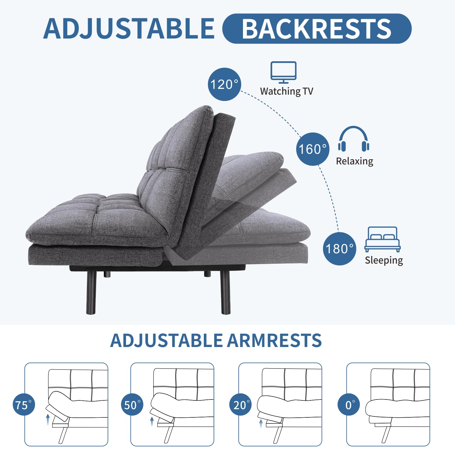 MUUEGM 71" Sofa Bed with Memory Foam,Futon Sofa Bed with Adjust Backrest and Armrest, Couches for Living Room,Studios, Apartments, Dormitories, Offices and Game Rooms. Grey Sofa