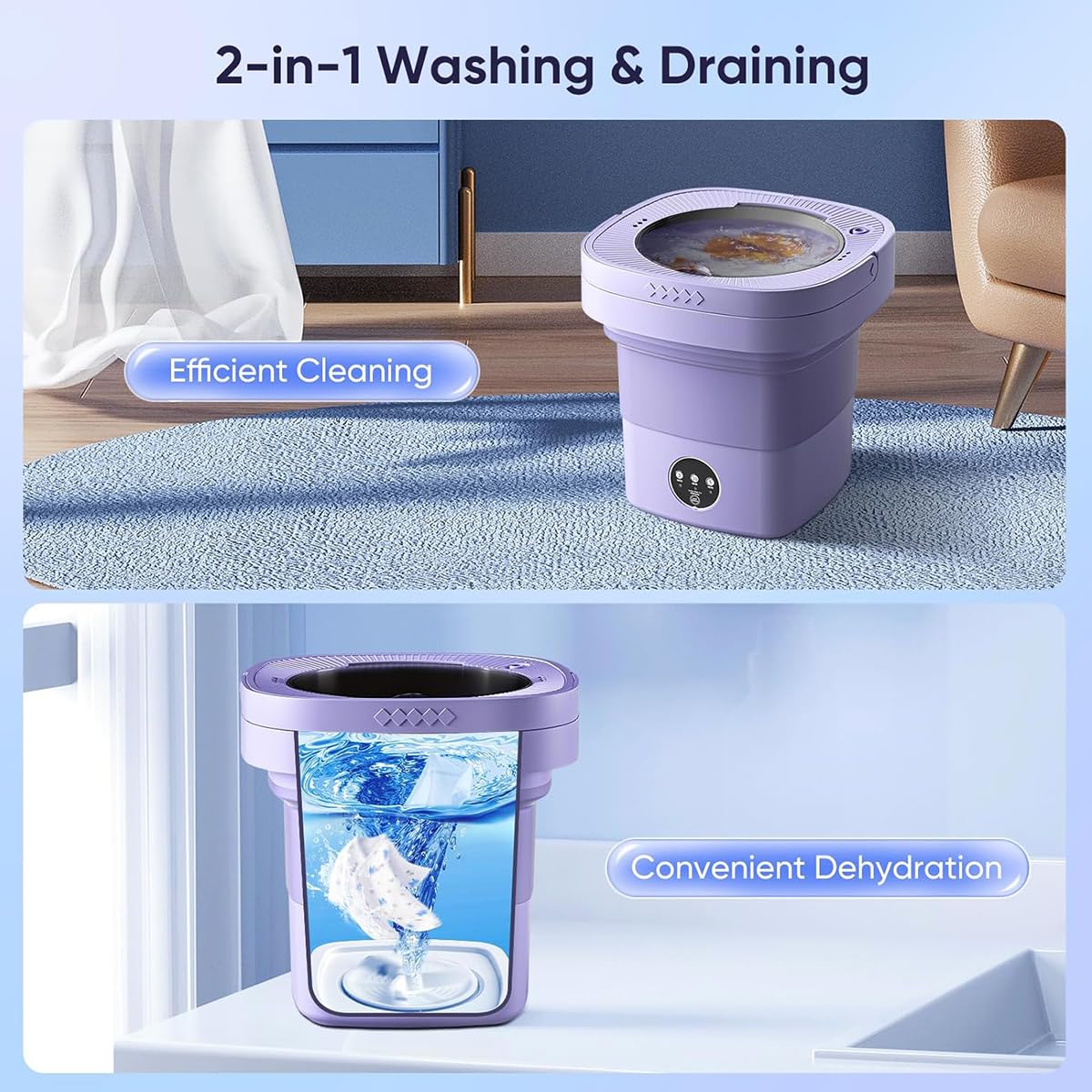 Portable Washing Machine, 11L Capacity Mini Foldable Washer with Drain Basket, 2-in-1 Laundry Machine for B-aby Clothes, Underwear, Apartment, Camping, RV, Travel