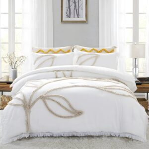 rvciby boho leaf duvet cover queen size,soft microfiber bedding set with tassel and tufted pattern,3 pieces,1 duvet cover with zipper closure & corner ties and 2 pillow shams,90 x 90 inches (white)