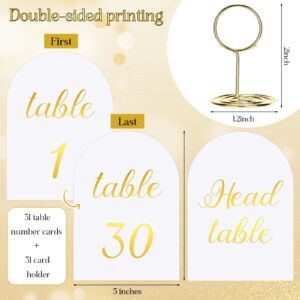 CroBlissful Gold Table Numbers 1-30 with Head Table Number Card and Holders, 5 x 7 Inch Arched Place Seating Sign Double Sided Table Numbers for Wedding Reception Anniversary Birthday Party Restaurant