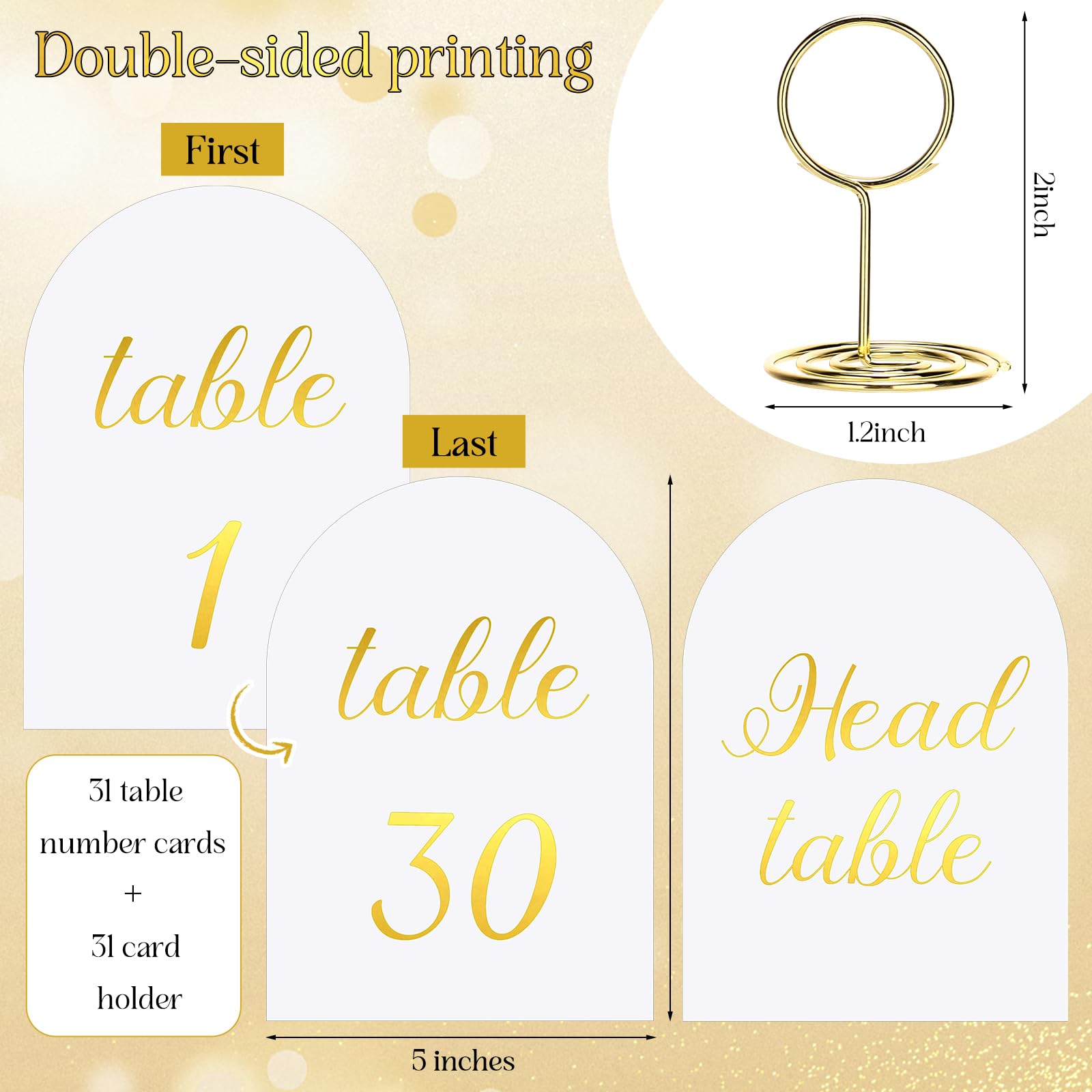 CroBlissful Gold Table Numbers 1-30 with Head Table Number Card and Holders, 5 x 7 Inch Arched Place Seating Sign Double Sided Table Numbers for Wedding Reception Anniversary Birthday Party Restaurant