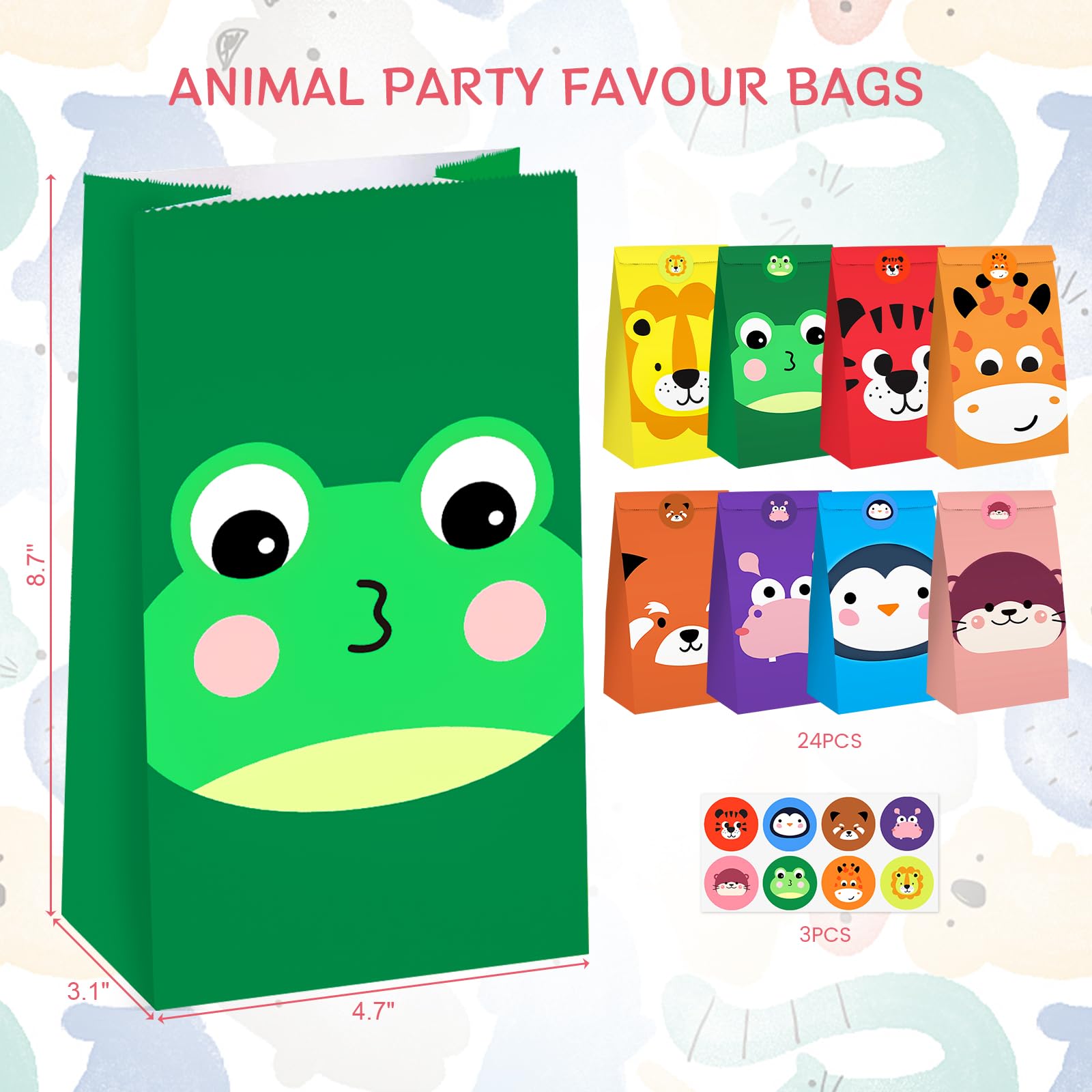 VGOODALL 24PCS Animal Party Favor Bags, Goodie Bags with Stickers Paper Gift Bags Candy Treat Bags for Kids Birthday Party Supplies