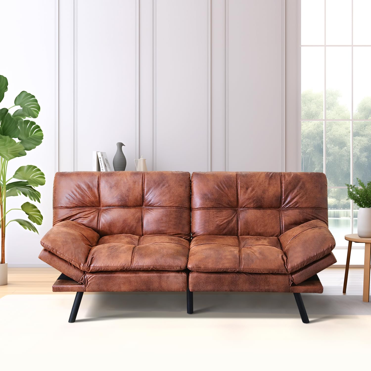 MUUEGM 71" Sofa Bed with Memory Foam,Futon Sofa Bed with Adjust Backrest and Armrest, Couches for Living Room,Studios, Apartments, Dormitories, Offices and Game rooms. Brown Leather Sofa