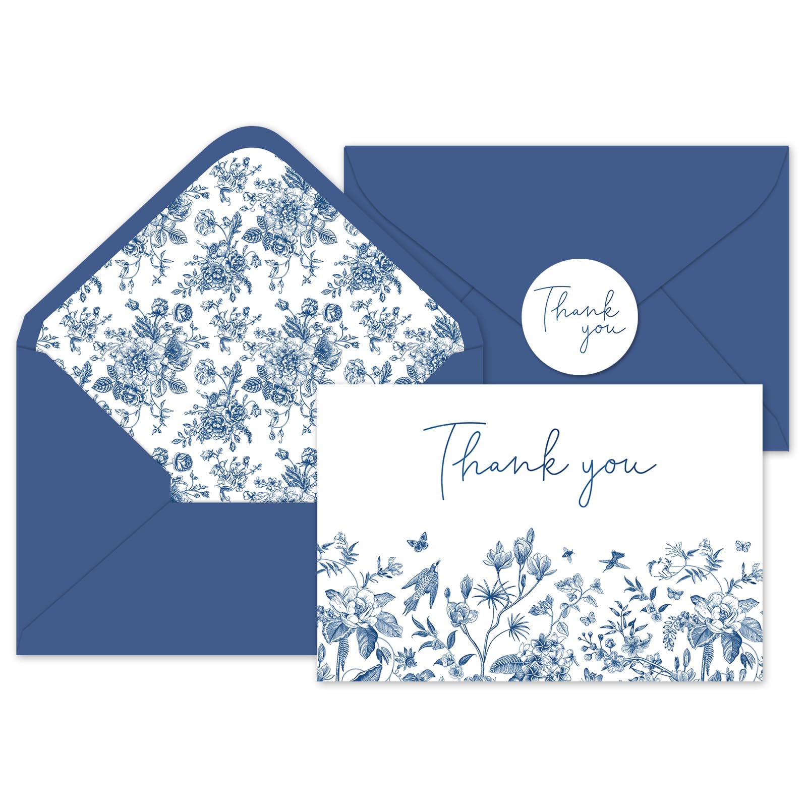 Whaline 36Pcs Blue Floral Thank You Cards with Envelope Stickers Wild Floral Thank You Note Cards for Wedding Bridal Shower Birthday Supplies