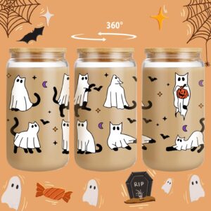 LEADO Halloween Cat Ghost Iced Coffee Cup, Halloween Glass Cup with Lids & Straws, 16 oz Cute Halloween Bat Spooky Tumbler - Boo Basket Stuffers, Halloween Fall Gifts for Cat Lover, Women, Her