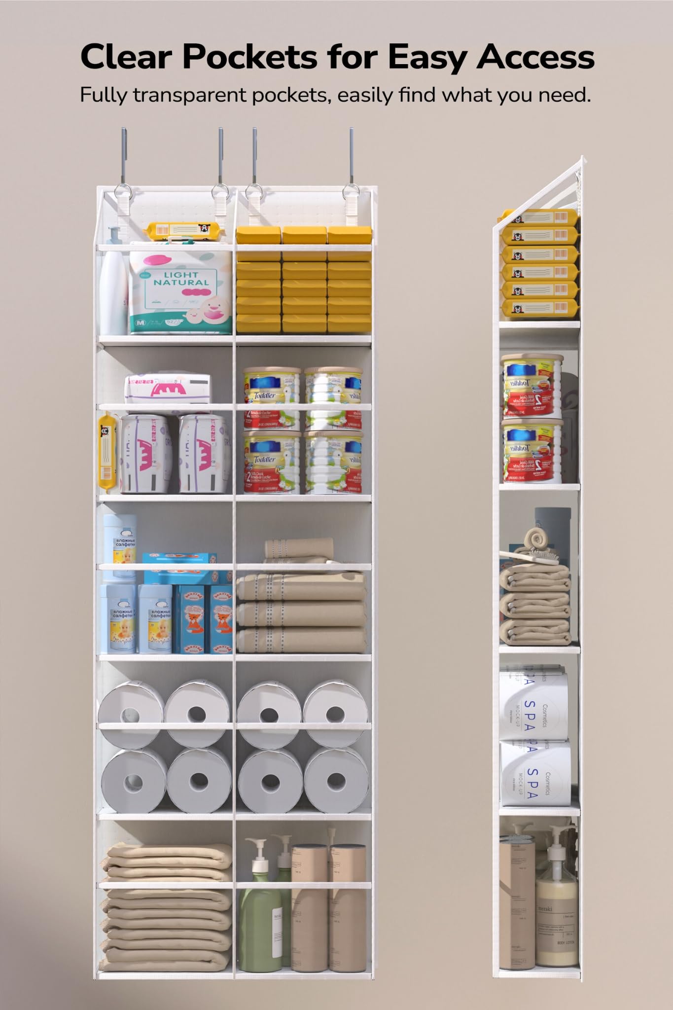 ALLTIDYUP Clear Over The Door Organizer 5 Shelf, Door Hanging Organizer with 10 Large Capacity Pockets, Behind The Door Storage for Pantry Dorm Room Bedroom Closet Nursery and Sundries, White