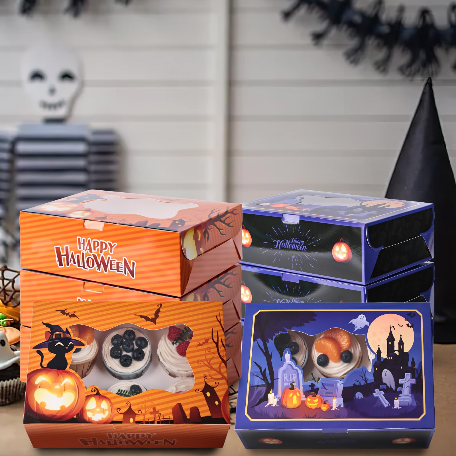 VGOODALL 6 Count Halloween Cupcake Boxes, 8 Sets Halloween Treat Boxes Cupcake Containers with Window for Birthday Holiday Bakery Supplies Halloween Party Decorations 9.5"x6.3"x3"