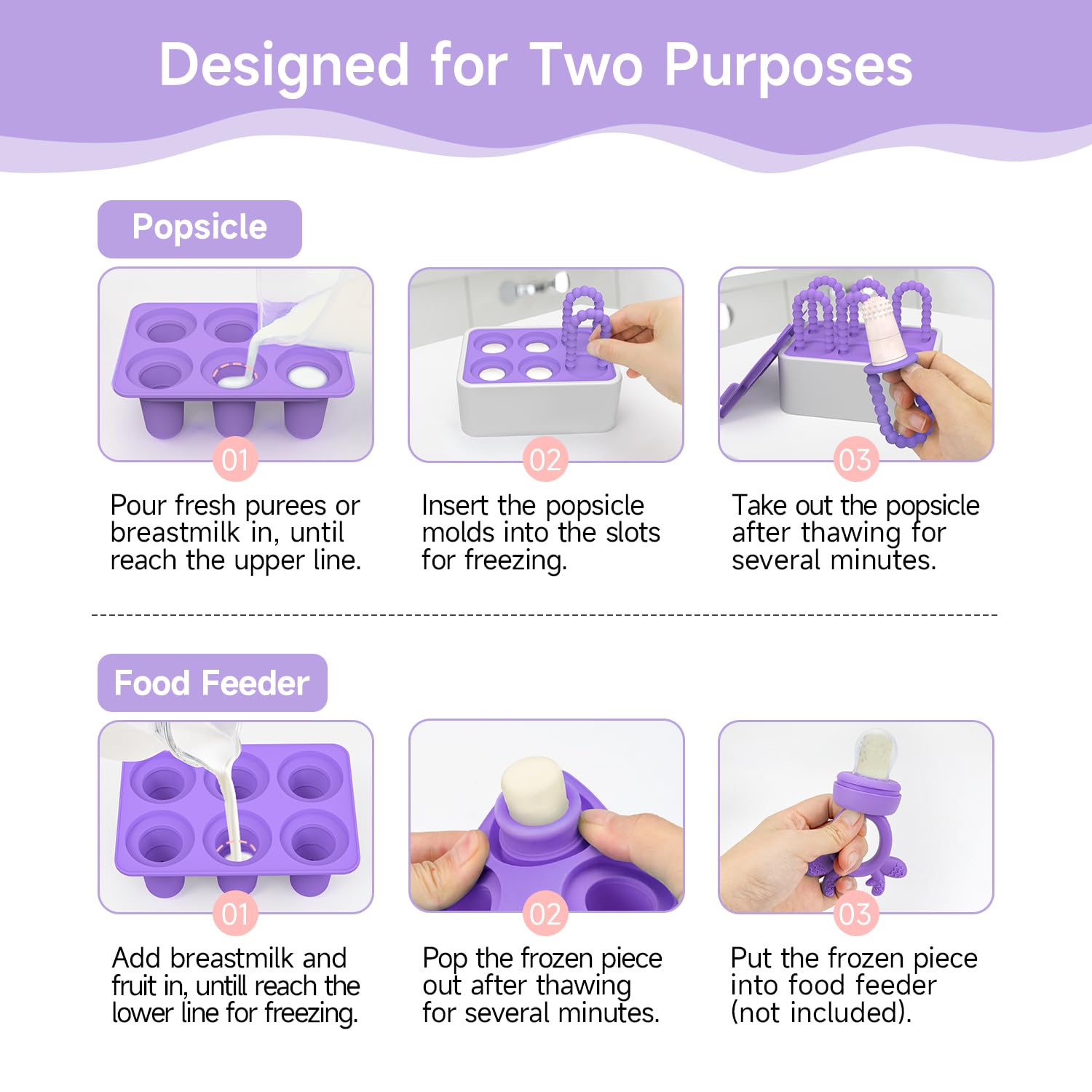 Morlike Baby Tiny Pops, 100% Silicone Popsicle Mold for Infants 4 Months +, Breastmilk Ice Pop Molds Teethers for Teething Relief, Baby Essentials, BPA Free & Dishwasher Safe (Purple)