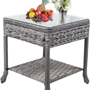 Generic Wicker Patio Side Table with Top - Multipurpose Outdoor End Table for Balcony, Porch, and Backyard Settings with 2-Tier Storage Shelf (Glass Top), Grey, BZ001