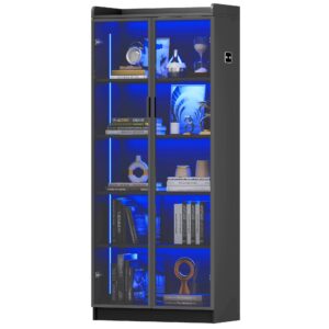 dystler display cabinet with doors and adjustable shelves, 65" tall bookcase with led lights/human sensor, 5 tier display case for collectibles bedroom living room office, black