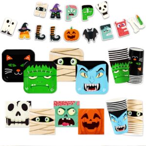 halloween party supplies kit for 24 guests - halloween design with disposable dinner & dessert plates, napkins, cups, tablecloth, and banner -for halloween birthday party decorations