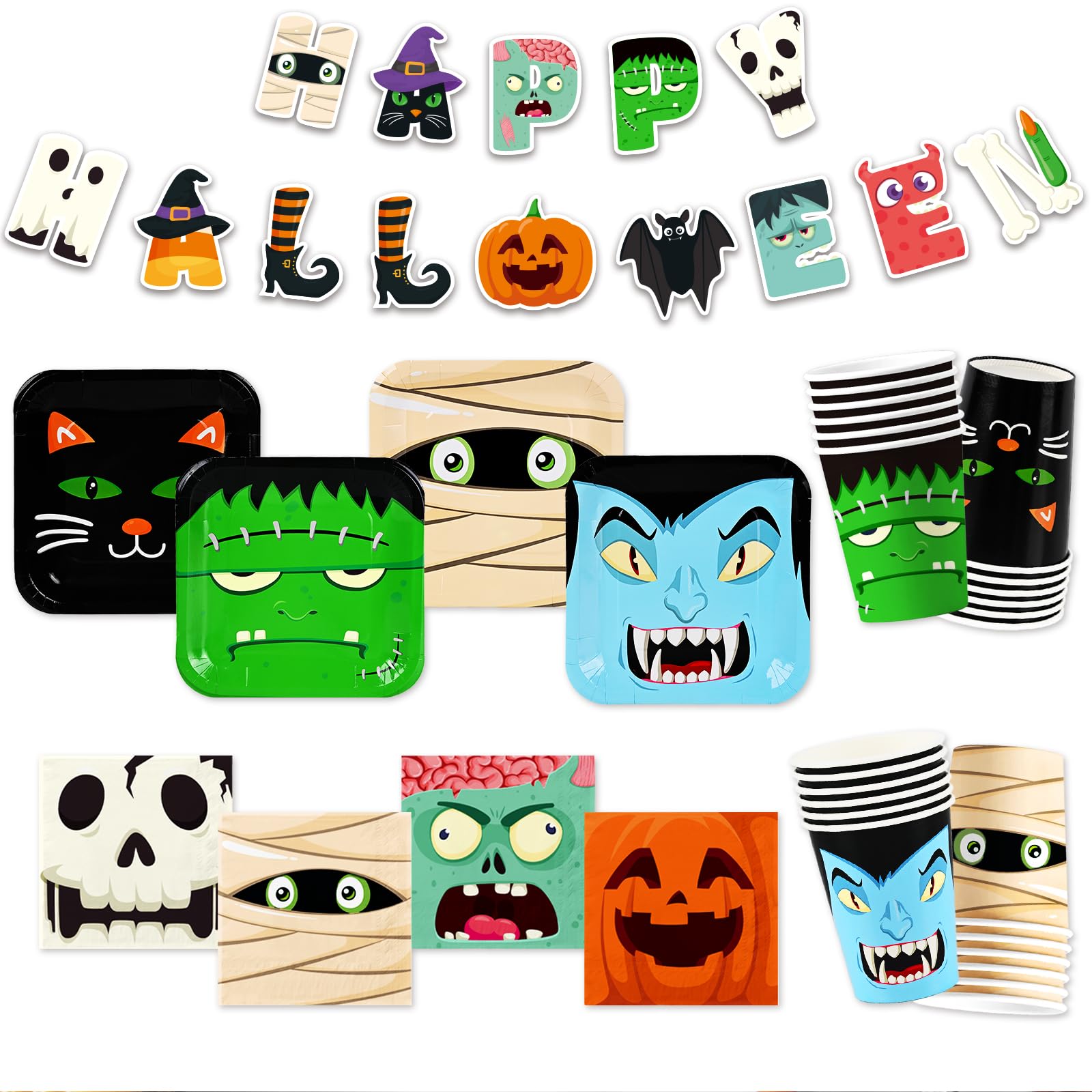 Halloween Party Supplies Kit for 24 Guests - Halloween Design with Disposable Dinner & Dessert Plates, Napkins, Cups, Tablecloth, and Banner -for Halloween Birthday Party Decorations