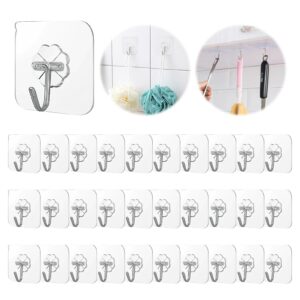 hoeslaw self adhesive wall hooks, 30 pcs heavy duty hooks for hanging 15lbs(max) no damage, transparent seamless waterproof rustproof stainless steel bathroom shower outdoor kitchen towel coats hooks