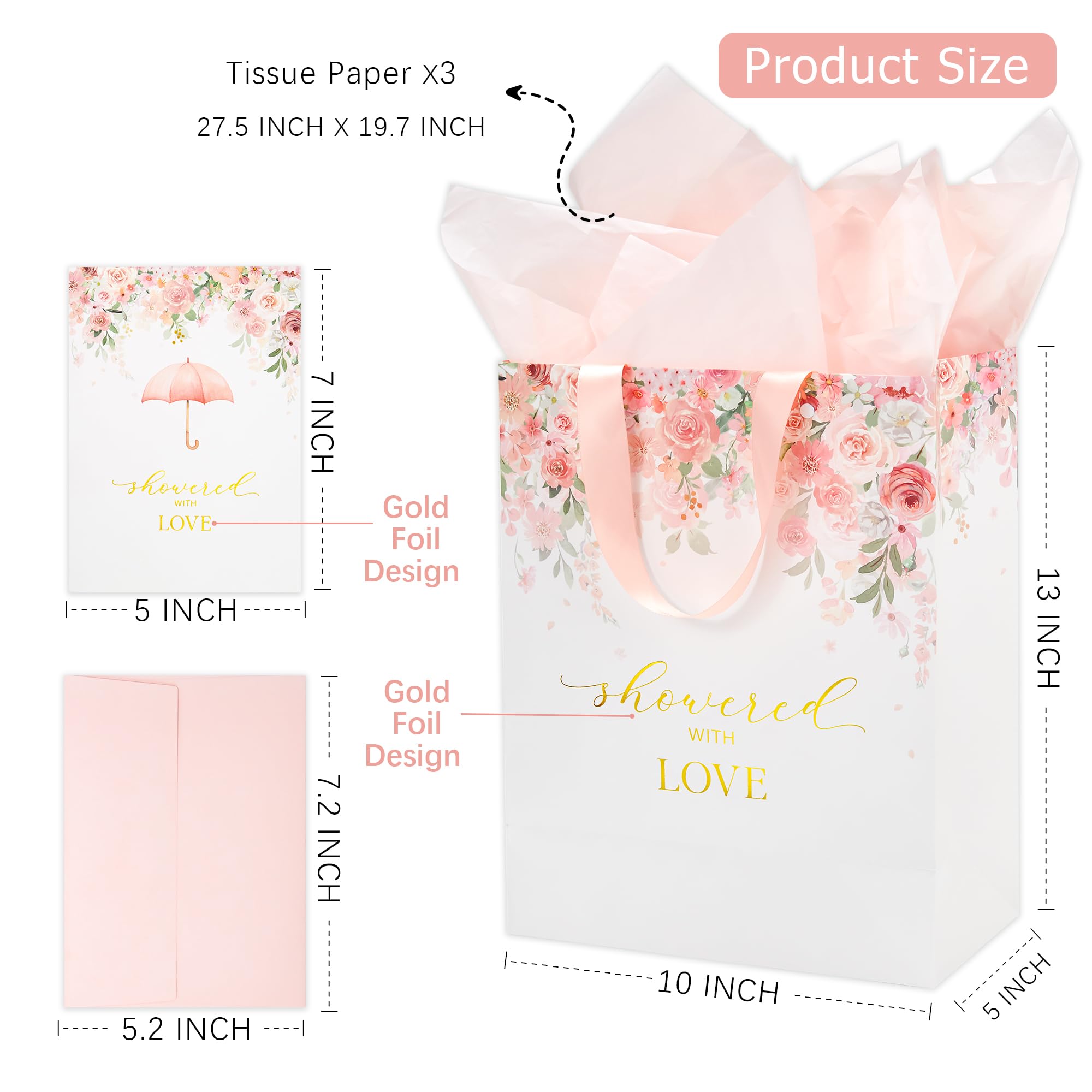 Crisky 13" Large Bridal Shower Bag with Bridal Shower Card Flower (Showered with Love) Gift Bag with Tissue Paper, Gift Card for Wedding, Bridal Shower, Engagement Party