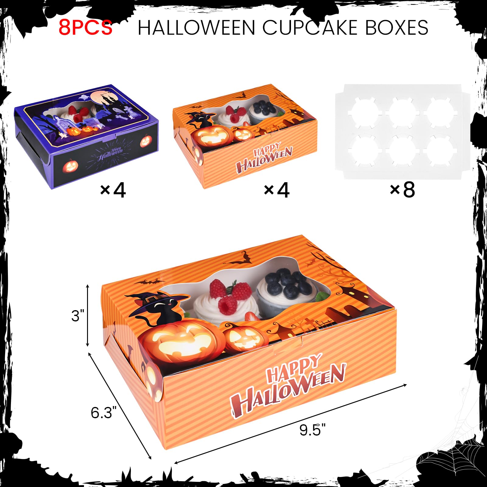 VGOODALL 6 Count Halloween Cupcake Boxes, 8 Sets Halloween Treat Boxes Cupcake Containers with Window for Birthday Holiday Bakery Supplies Halloween Party Decorations 9.5"x6.3"x3"