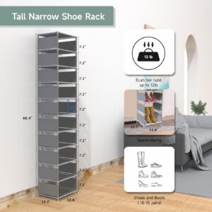 isightguard Narrow Shoe Rack, 10 Tier Vertical Shoe Rack for Closet Entryway Tall Slim Shoe Rack for Small Spaces Shinky Shoe Organizer Space Saving Corner Shoe Shelf Shoe Tower (Grey)