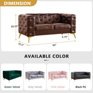 QHITTY Chesterfield Loveseat, Modern 2 Seater Accent Sofa Faux Leather Couch with Square Arms and Metal Tufted Button, Metal Legs for Living Room, Office, Bedroom (Brown)