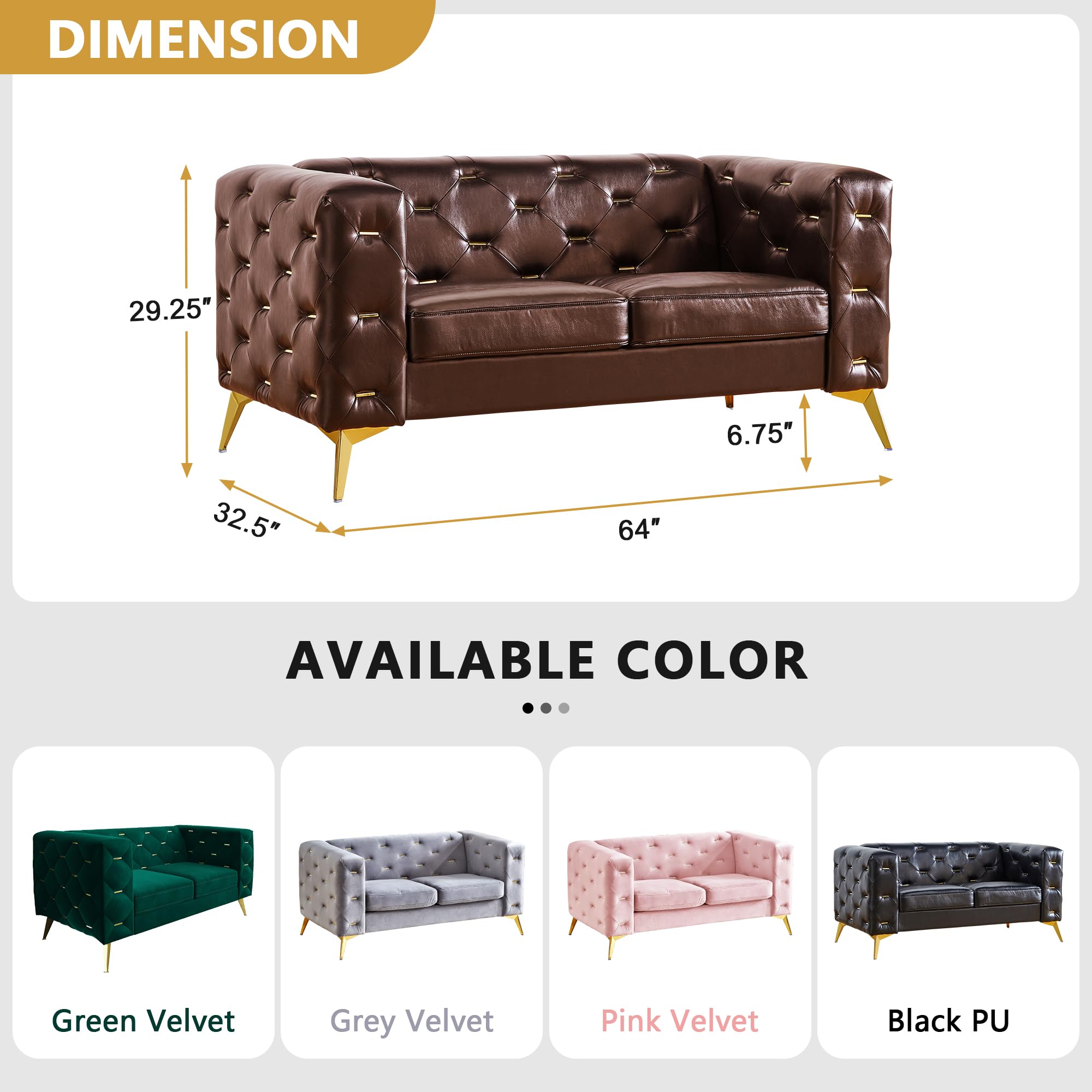 QHITTY Chesterfield Loveseat, Modern 2 Seater Accent Sofa Faux Leather Couch with Square Arms and Metal Tufted Button, Metal Legs for Living Room, Office, Bedroom (Brown)