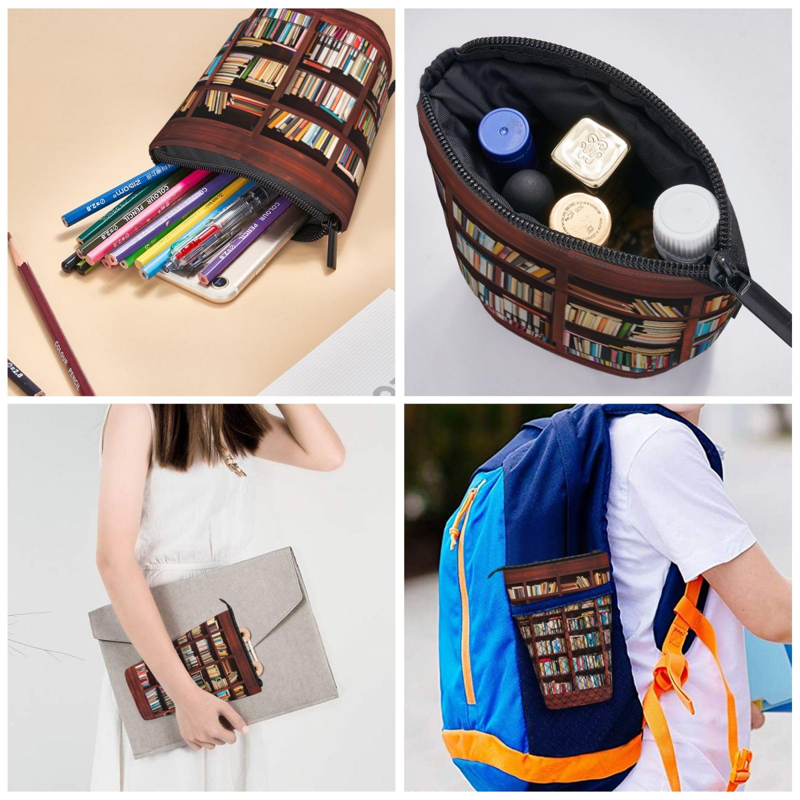 YQxwJL Books Print Telescopic Pencil Bag Pen Holder Stationery Case Stand Up Pencil Case Organizer For Adult