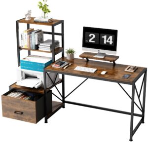 home office desks 58 inch with drawer & storage printer shelf, reversible computer desk with movable monitor stand, writing gaming table with shelves for study pc working, vintage