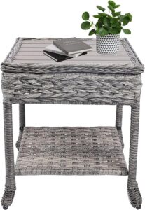 generic wicker patio side table with top - multipurpose outdoor end table for balcony, porch, and backyard settings with 2-tier storage shelf (wooden top), grey, bz001