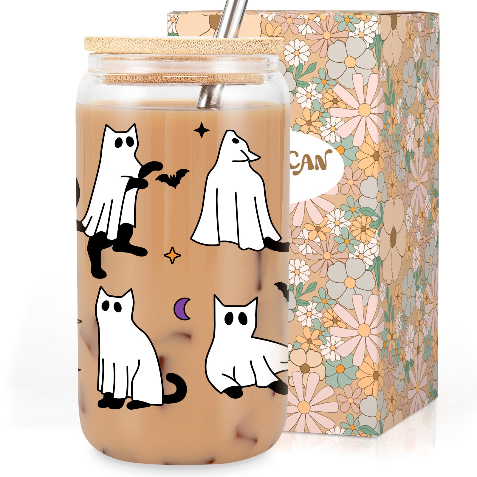 LEADO Halloween Cat Ghost Iced Coffee Cup, Halloween Glass Cup with Lids & Straws, 16 oz Cute Halloween Bat Spooky Tumbler - Boo Basket Stuffers, Halloween Fall Gifts for Cat Lover, Women, Her