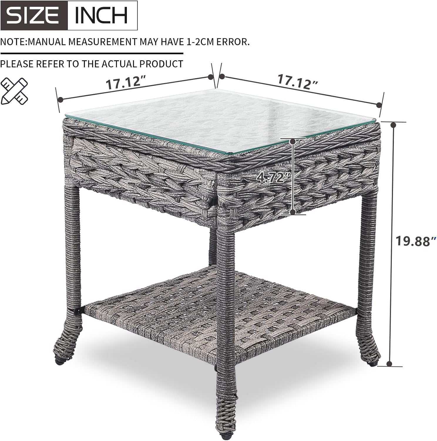 Generic Wicker Patio Side Table with Top - Multipurpose Outdoor End Table for Balcony, Porch, and Backyard Settings with 2-Tier Storage Shelf (Glass Top), Grey, BZ001