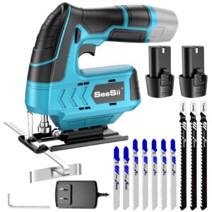 seesii cordless jig saw, 12v jigsaw with 2 lithium batteries, charger, and 10pcs blades, ±45° bevel cuts, variable speed for straight, curve, and bevel cutting