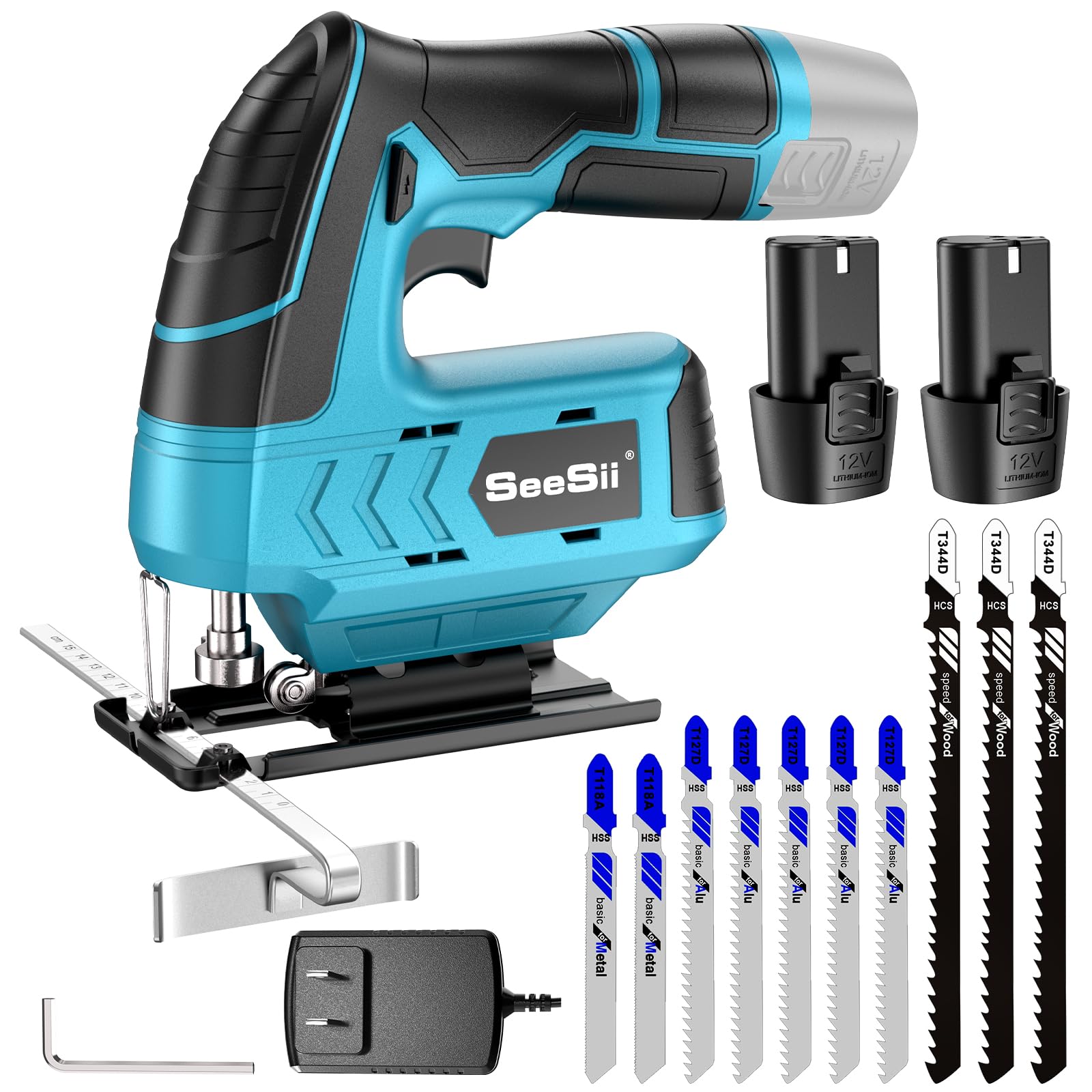 Seesii Cordless Jig Saw, 12V Jigsaw with 2 Lithium Batteries, Charger, and 10PCS Blades, ±45° Bevel Cuts, Variable Speed for Straight, Curve, and Bevel Cutting