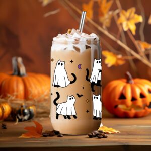 LEADO Halloween Cat Ghost Iced Coffee Cup, Halloween Glass Cup with Lids & Straws, 16 oz Cute Halloween Bat Spooky Tumbler - Boo Basket Stuffers, Halloween Fall Gifts for Cat Lover, Women, Her