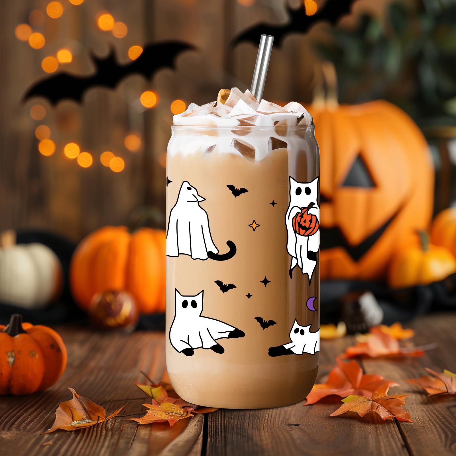 LEADO Halloween Cat Ghost Iced Coffee Cup, Halloween Glass Cup with Lids & Straws, 16 oz Cute Halloween Bat Spooky Tumbler - Boo Basket Stuffers, Halloween Fall Gifts for Cat Lover, Women, Her