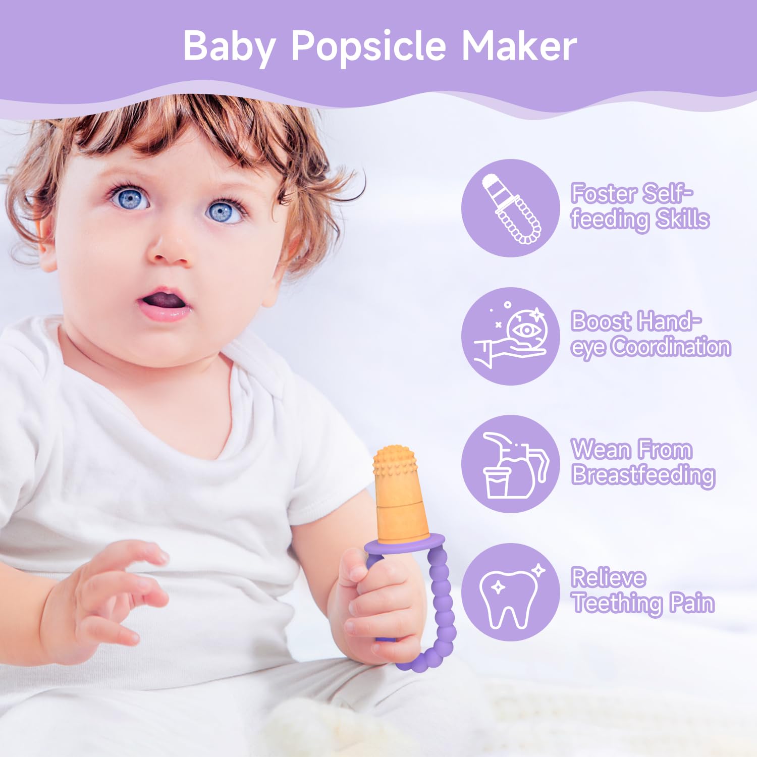 Morlike Baby Tiny Pops, 100% Silicone Popsicle Mold for Infants 4 Months +, Breastmilk Ice Pop Molds Teethers for Teething Relief, Baby Essentials, BPA Free & Dishwasher Safe (Purple)