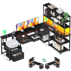 aodk 79 inch l shaped desk with file drawers, reversible l shaped gaming desk with power outlets & led lights, computer desk with storage shelves for home office, black