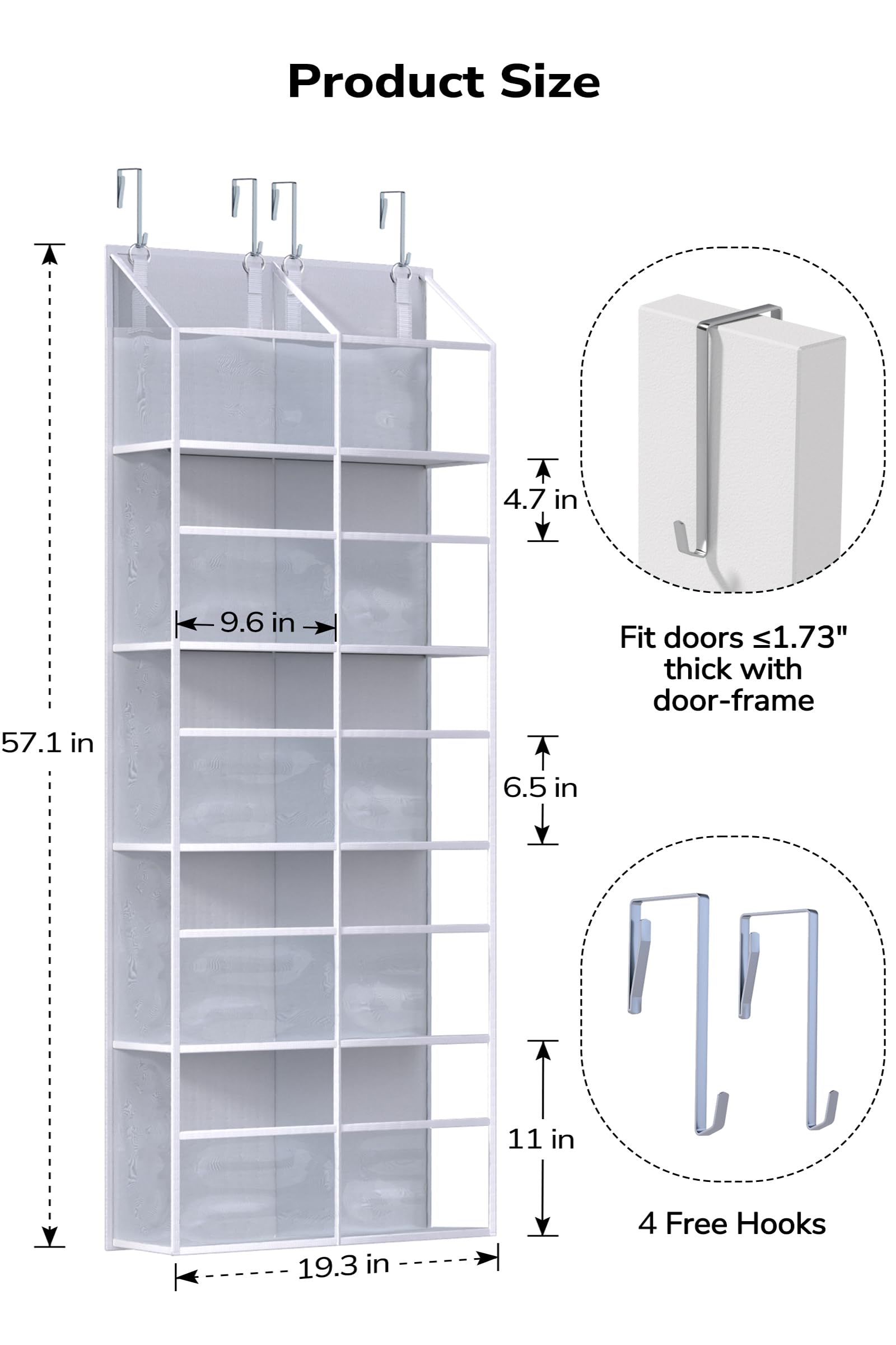 ALLTIDYUP Clear Over The Door Organizer 5 Shelf, Door Hanging Organizer with 10 Large Capacity Pockets, Behind The Door Storage for Pantry Dorm Room Bedroom Closet Nursery and Sundries, White