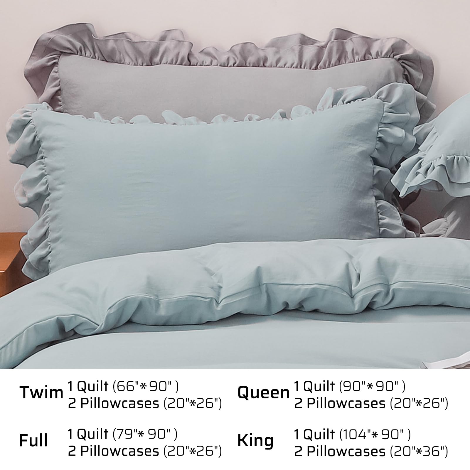 Rvciby Ruffle Duvet Cover Queen Size,Soft and Breathable Washed Microfiber Bedding Set,3 Pieces,1 Duvet Cover with Zipper Closure & Corner Ties and 2 Pillow Shams,90 X 90 Inches (Queen,Blue)