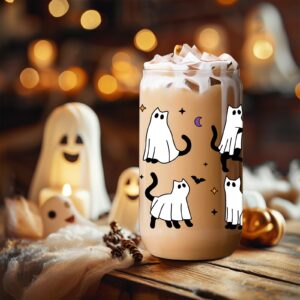 LEADO Halloween Cat Ghost Iced Coffee Cup, Halloween Glass Cup with Lids & Straws, 16 oz Cute Halloween Bat Spooky Tumbler - Boo Basket Stuffers, Halloween Fall Gifts for Cat Lover, Women, Her