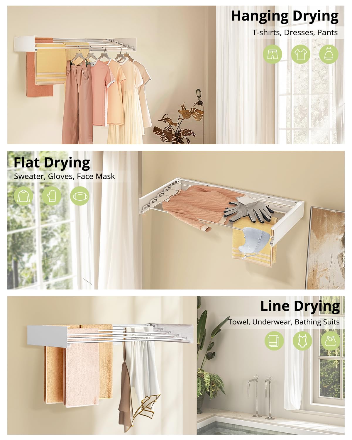 Vasunray Wall Mounted Clothes Drying Rack Folding Indoor, Foldable Laundry Drying Rack Collapsible,Invisible, Space Saving, Retractable Towel Drying Rack, with Wall Template(5 Drying Rods, White 32")