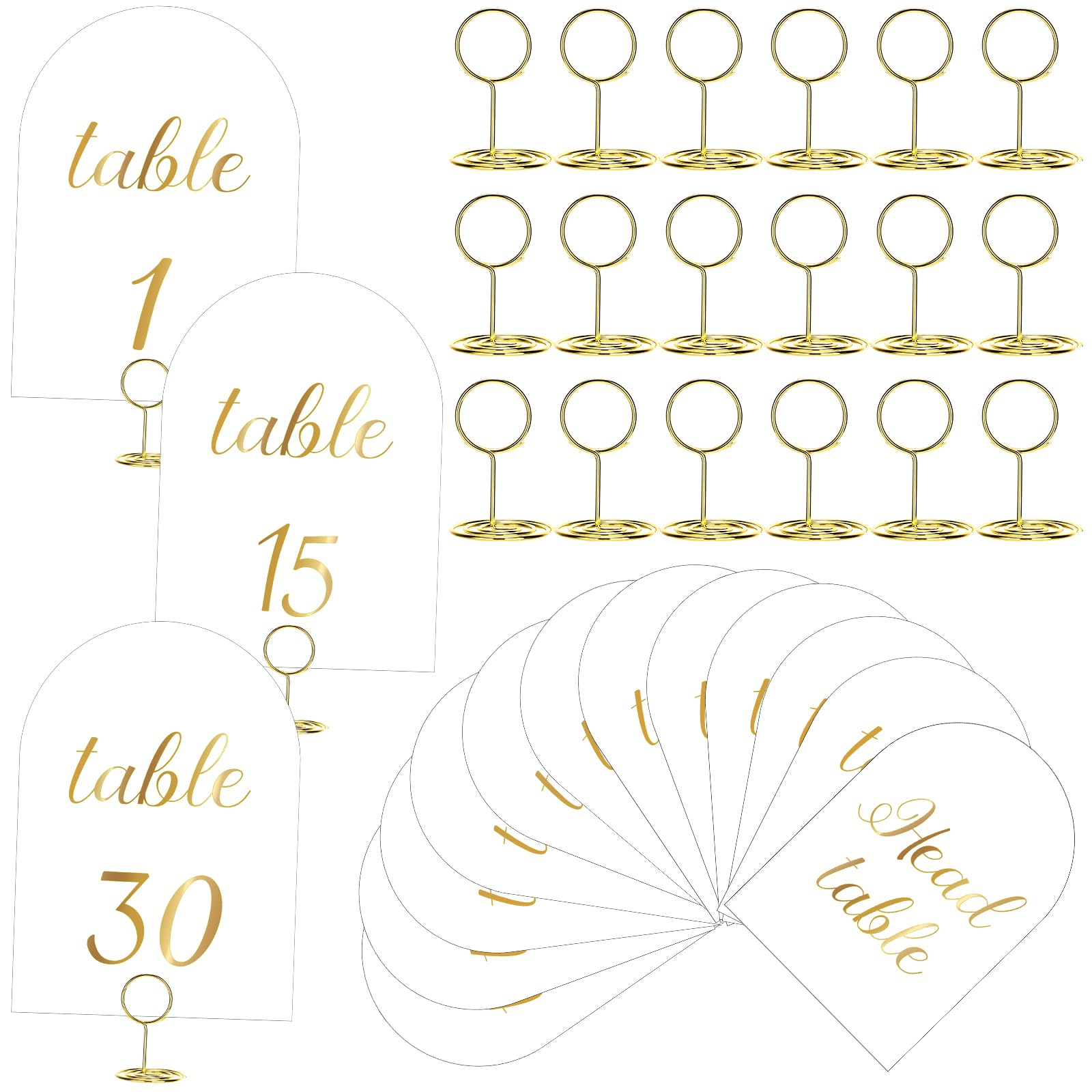 CroBlissful Gold Table Numbers 1-30 with Head Table Number Card and Holders, 5 x 7 Inch Arched Place Seating Sign Double Sided Table Numbers for Wedding Reception Anniversary Birthday Party Restaurant