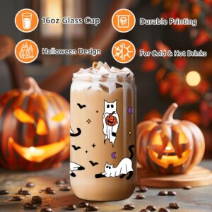 LEADO Halloween Cat Ghost Iced Coffee Cup, Halloween Glass Cup with Lids & Straws, 16 oz Cute Halloween Bat Spooky Tumbler - Boo Basket Stuffers, Halloween Fall Gifts for Cat Lover, Women, Her