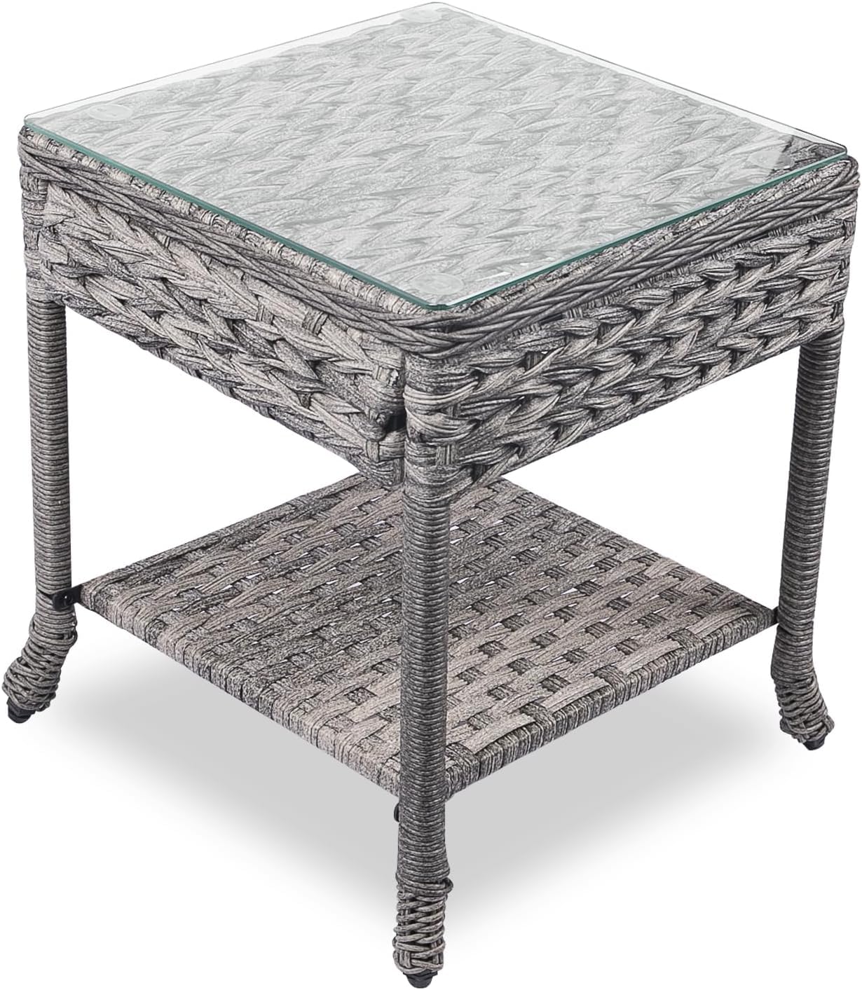 Generic Wicker Patio Side Table with Top - Multipurpose Outdoor End Table for Balcony, Porch, and Backyard Settings with 2-Tier Storage Shelf (Glass Top), Grey, BZ001