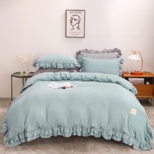 rvciby ruffle duvet cover queen size,soft and breathable washed microfiber bedding set,3 pieces,1 duvet cover with zipper closure & corner ties and 2 pillow shams,90 x 90 inches (queen,blue)