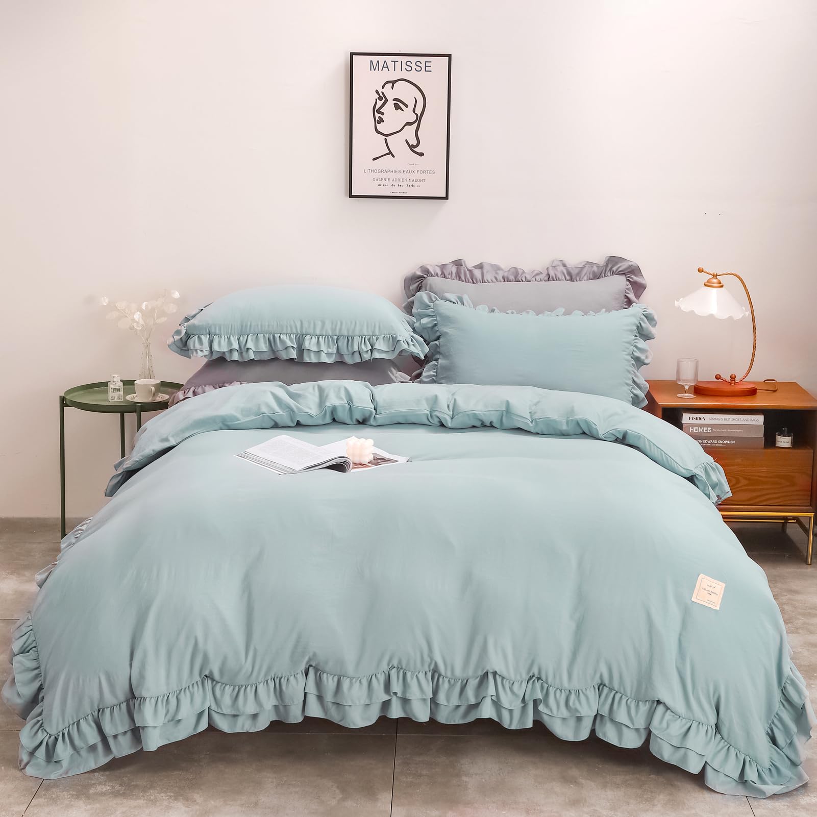 Rvciby Ruffle Duvet Cover Queen Size,Soft and Breathable Washed Microfiber Bedding Set,3 Pieces,1 Duvet Cover with Zipper Closure & Corner Ties and 2 Pillow Shams,90 X 90 Inches (Queen,Blue)