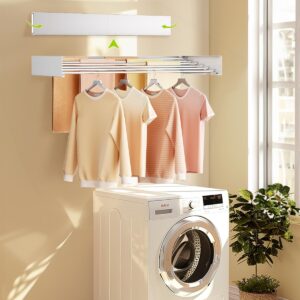 Vasunray Wall Mounted Clothes Drying Rack Folding Indoor, Foldable Laundry Drying Rack Collapsible,Invisible, Space Saving, Retractable Towel Drying Rack, with Wall Template(5 Drying Rods, White 32")