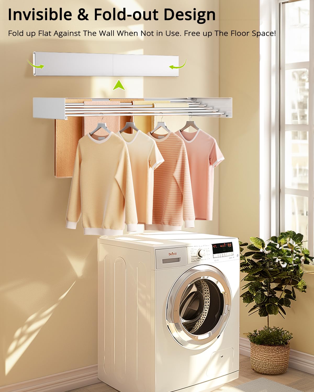 Vasunray Wall Mounted Clothes Drying Rack Folding Indoor, Foldable Laundry Drying Rack Collapsible,Invisible, Space Saving, Retractable Towel Drying Rack, with Wall Template(5 Drying Rods, White 32")