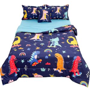 megamayga dinosaur bedding full size for boys 6 pieces dinosaur comforter set full for kids bed in a bag comforter set with blue sheets stars rainbow print 3d dino bedding skateboard dinosaur bed set