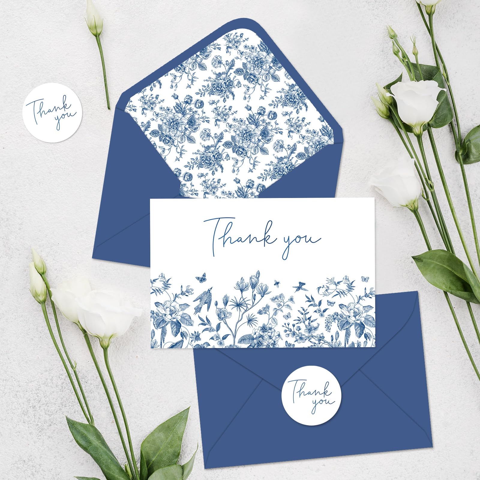 Whaline 36Pcs Blue Floral Thank You Cards with Envelope Stickers Wild Floral Thank You Note Cards for Wedding Bridal Shower Birthday Supplies