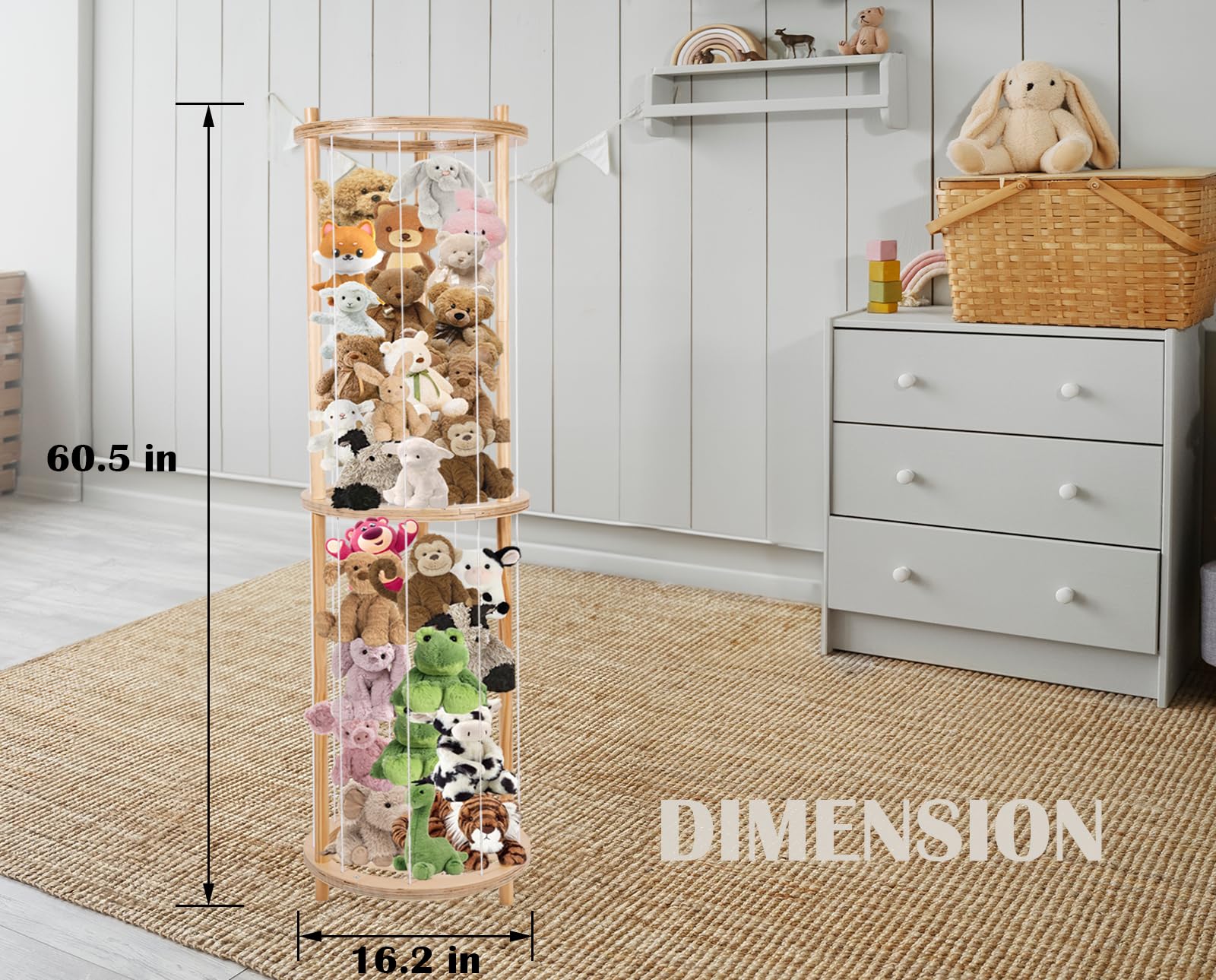 Vechor Round Animal Zoo Storage, Soft Toy Organizer, Solid Wood Zoo Cage for Plush Toys, Stuffed Animals Holder for Bedroom Playroom Nursery Room.