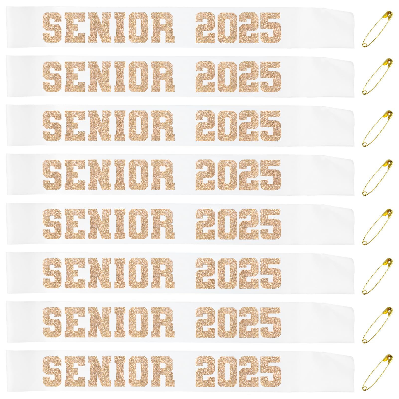 8 Pcs White Senior 2025 Sashes with Champagne Gold Glitter Letters - Graduation Celebration sash, Senior Sashes Class of 2025, Senior Cheer Sash, Class Competition Sashes, Graduation Party Supplies